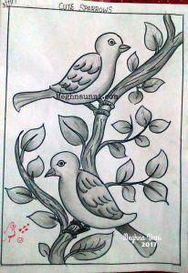Cute Sparrows – A Simple Sketch done for School Art Book – Meghnaunni.com