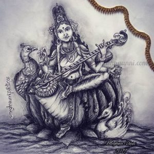 Saraswati Devi Pen Drawing with Pencil Shading – Meghnaunni.com