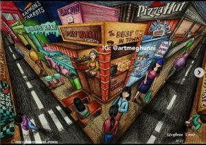 Food Street at Night | 3 Point Perspective Painting – Meghnaunni.com